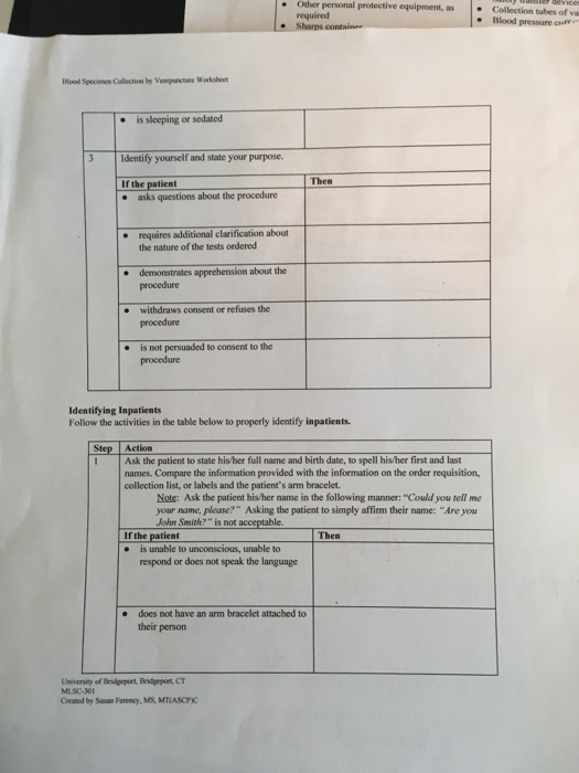 Solved Specimen Collection by Veipuncture Worksheet Blood | Chegg.com