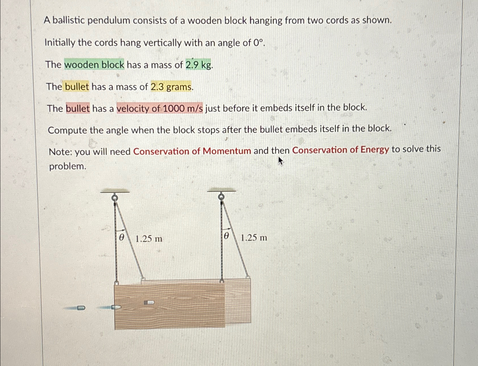Solved A ballistic pendulum consists of a wooden block | Chegg.com