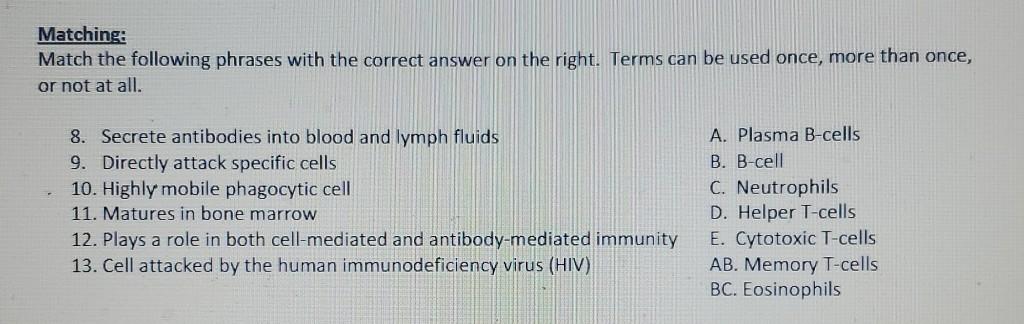 Solved Matching: Match the following phrases with the | Chegg.com