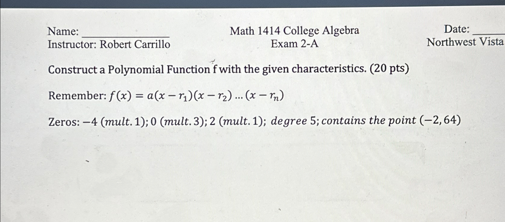 Solved Name:Math 1414 ﻿College AlgebraDate:Instructor: | Chegg.com
