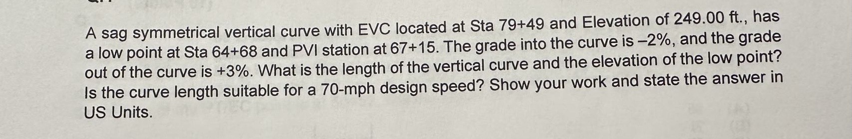 Solved A sag symmetrical vertical curve with EVC located at | Chegg.com