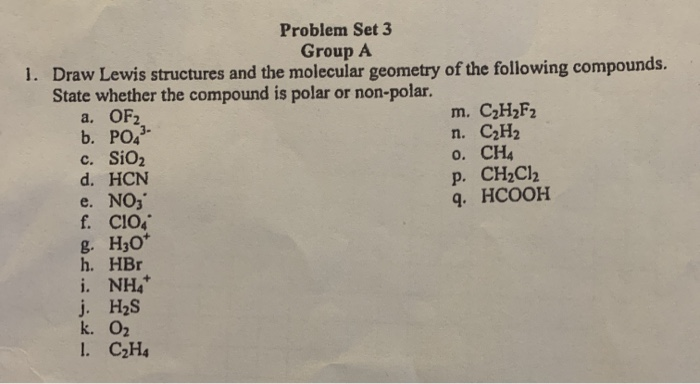 Solved Problem Set 3 Group A 1. Draw Lewis structures and | Chegg.com