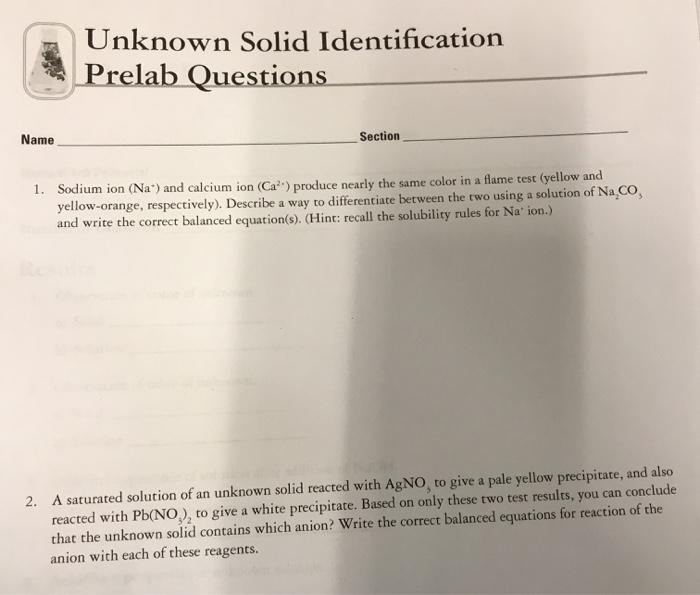 Solved Unknown Solid Identification Prelab Questions Name | Chegg.com