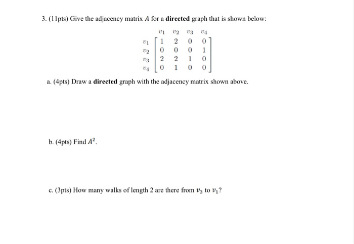 Solved 3. (11pts) Give the adjacency matrix A for a directed | Chegg.com