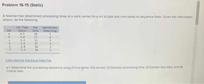 Solved A foreman has determined processing times at a work | Chegg.com
