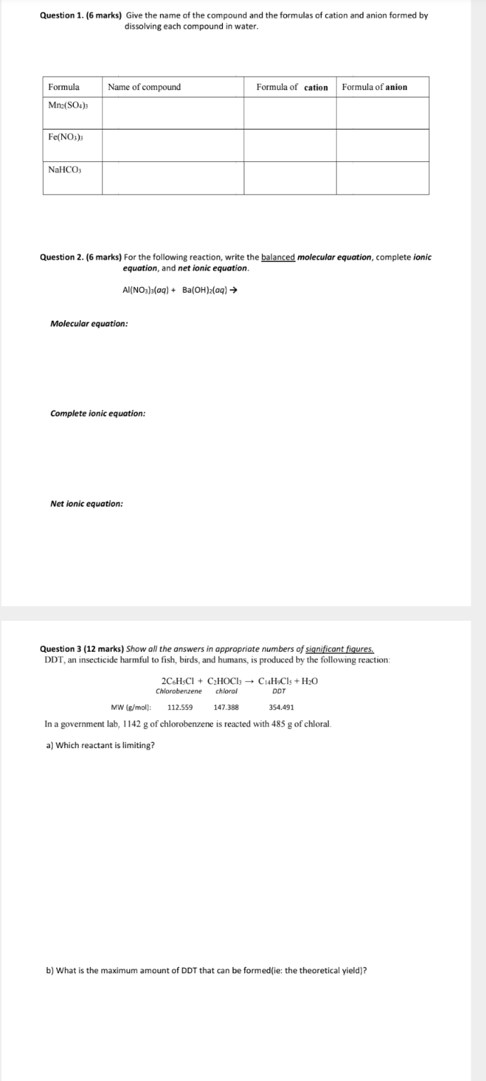Solved Question 1. (6 marks) Give the name of the compound | Chegg.com