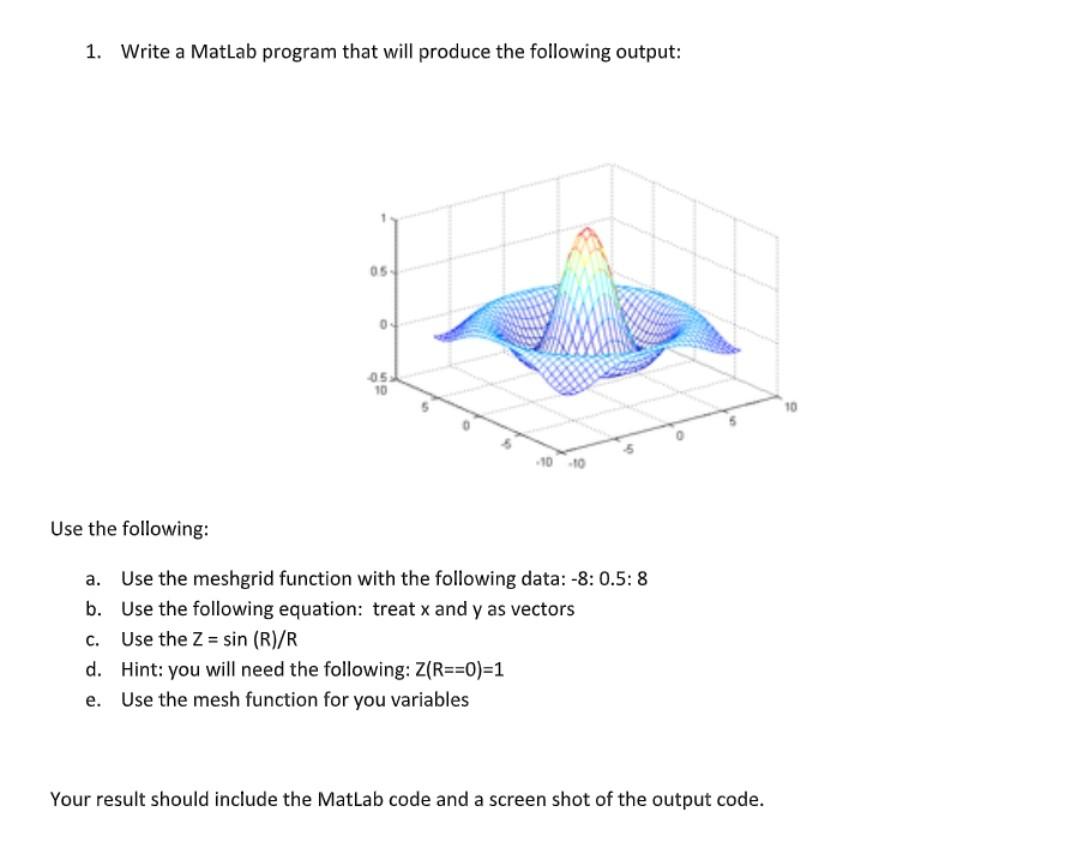 1. Write a MatLab program that will produce the | Chegg.com