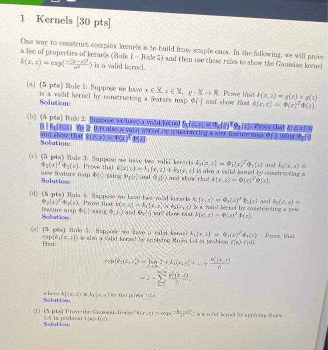 1 Kernels (30 pts) One way to construct complex | Chegg.com