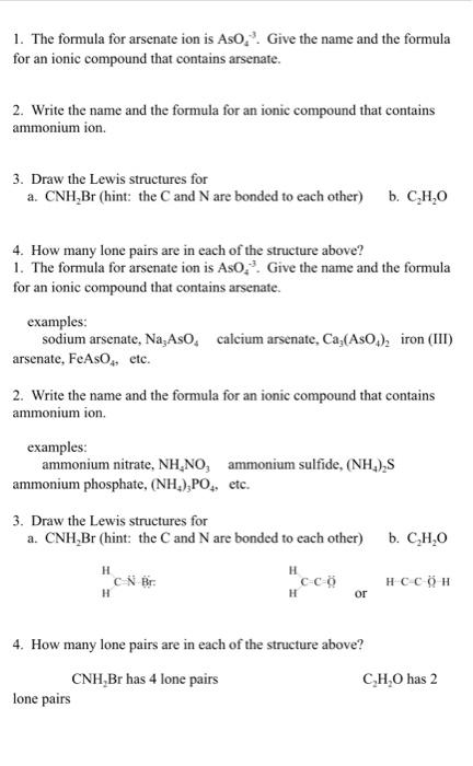 Solved 1. The formula for arsenate ion is Aso. Give the name | Chegg.com