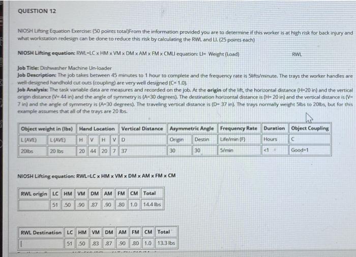 QUESTION 12 RWL NIOSH Lifting Equation Exercise: (50 | Chegg.com