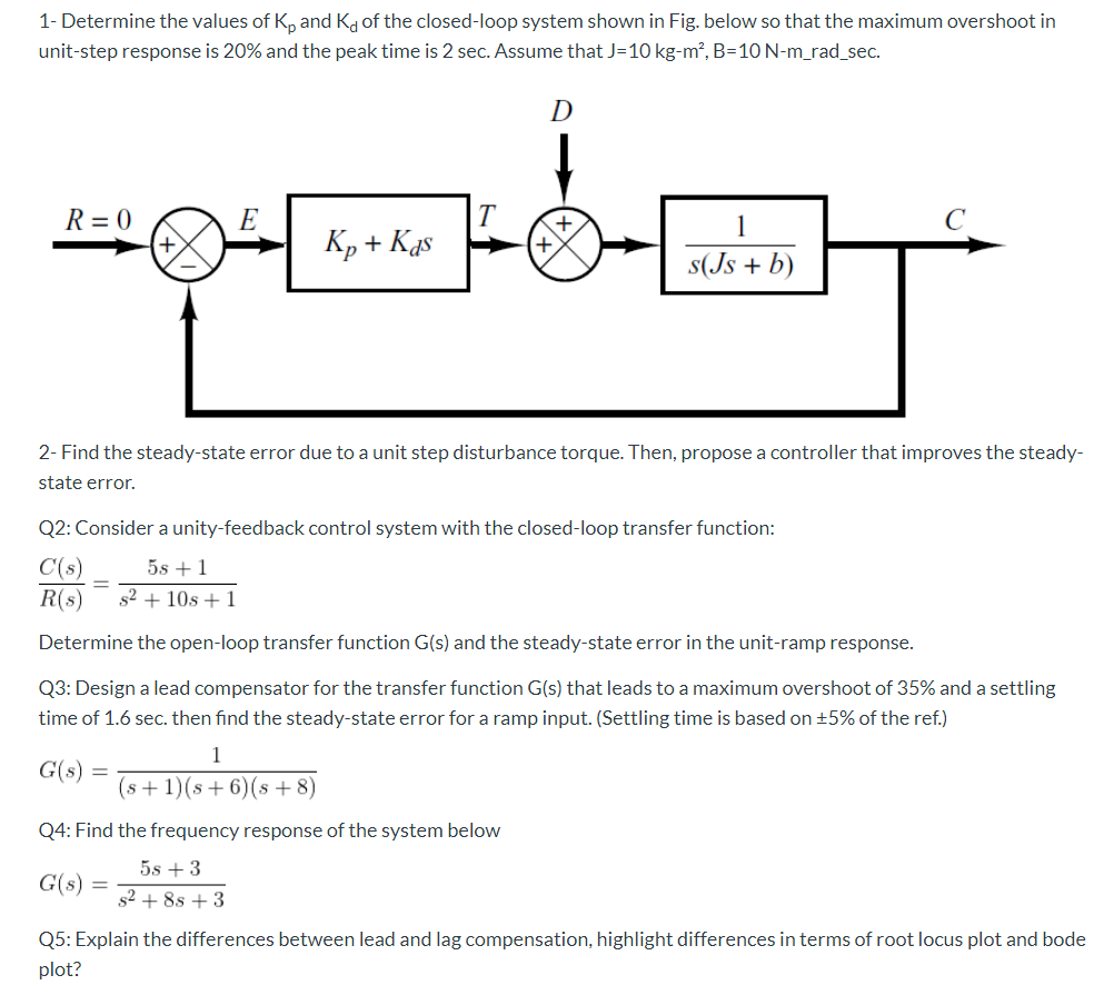 Solved 1-Determine the values of Kp and Kd of the | Chegg.com