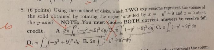 Solved 8. (6 points) Using the method of disks, which TWO | Chegg.com