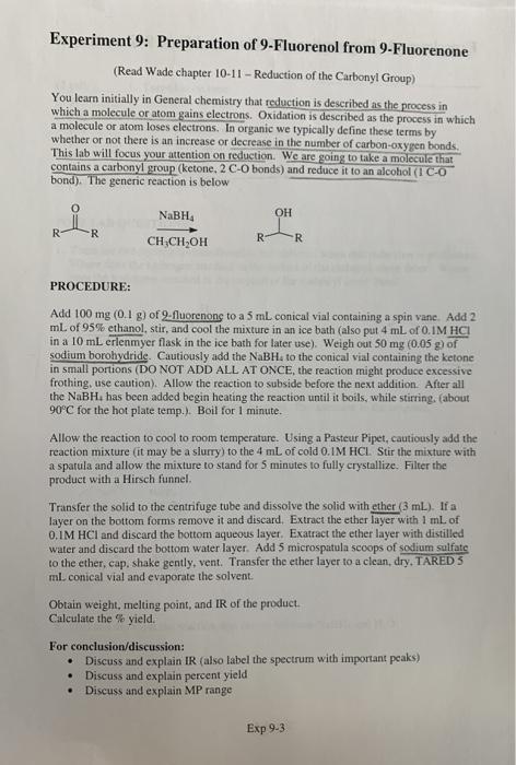 Solved Experiment 9: Preparation of 9-Fluorenol from | Chegg.com