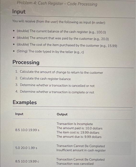 Solved Problem 4: Cash Register - Code Processing Input You | Chegg.com
