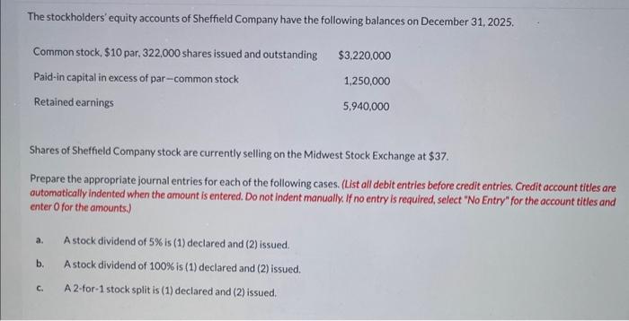 Solved The stockholders' equity accounts of Sheffield | Chegg.com