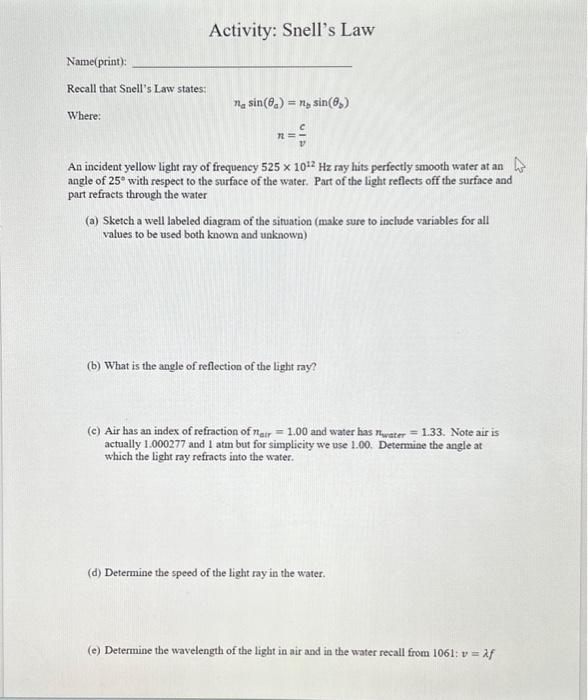 Activity: Snell's Law Name(print): Recall that | Chegg.com
