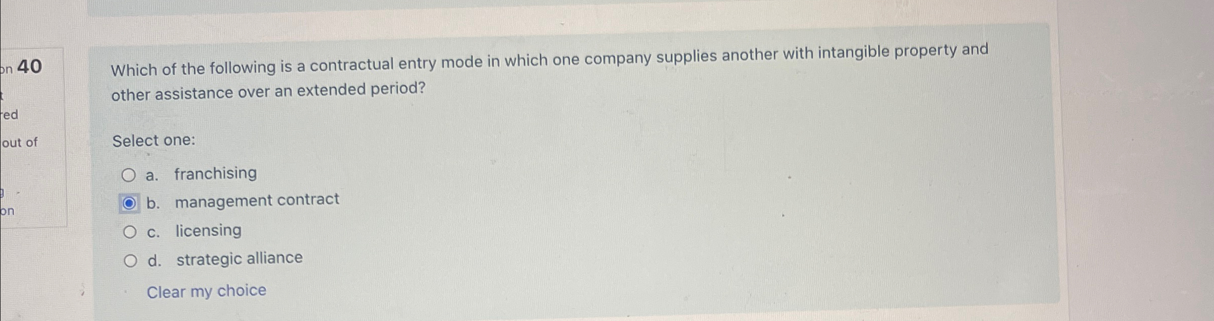 Solved 40Which of the following is a contractual entry mode | Chegg.com