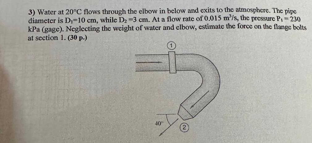 Solved Water at 20°C ﻿flows through the elbow in below and | Chegg.com