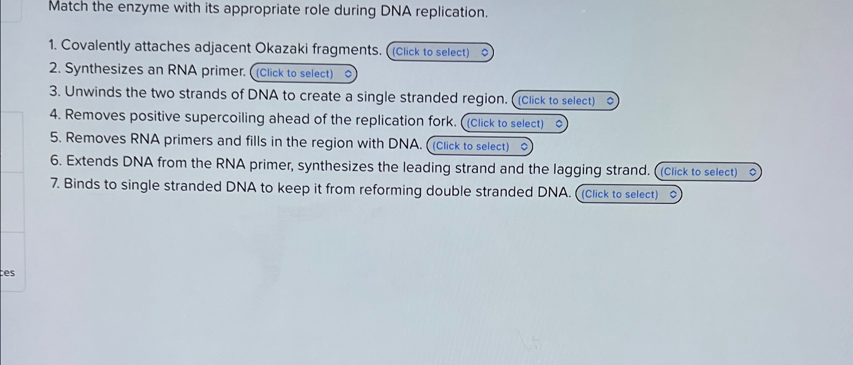 Solved Match the enzyme with its appropriate role during DNA | Chegg.com