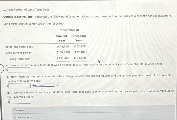Solved Current Portion of Long-Term Debt Connie's Bistro, | Chegg.com