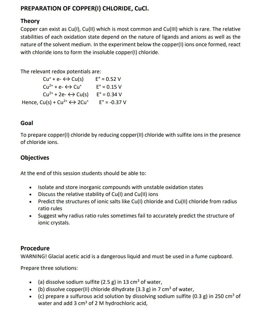 Solved PREPARATION OF COPPER(1) CHLORIDE, CUCI. Theory | Chegg.com