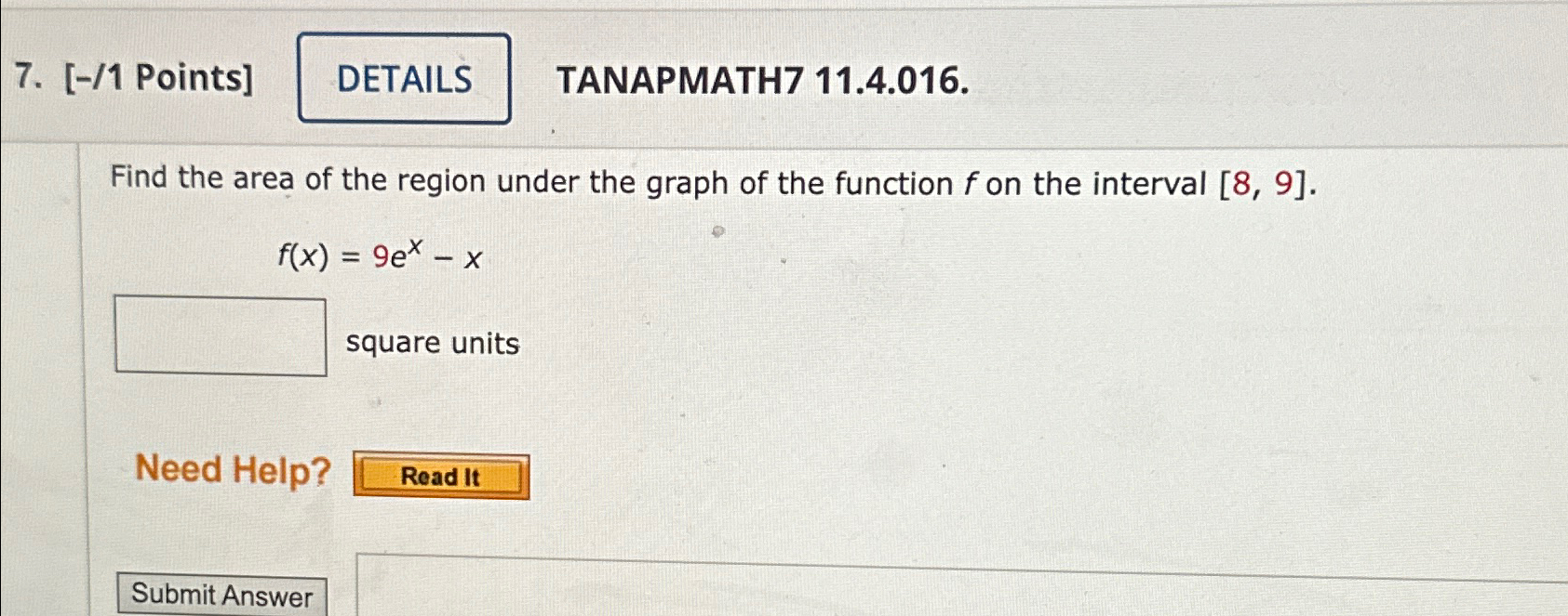 Solved [-/1 ﻿Points]TANAPMATH7 11.4.016.Find the area of the | Chegg.com