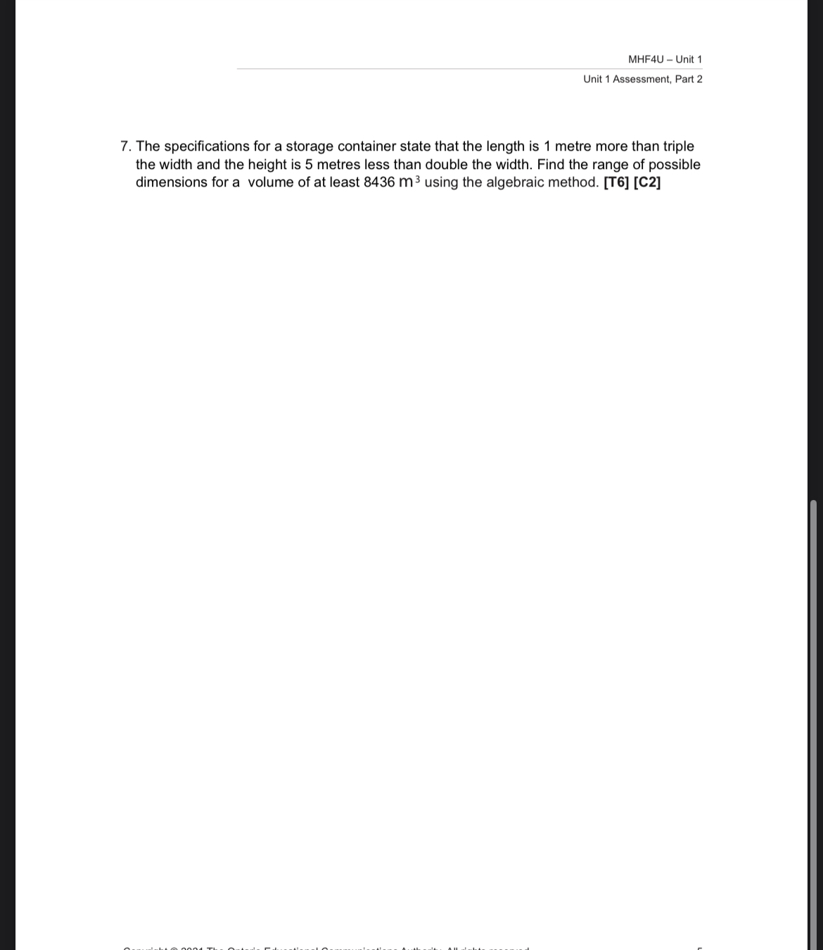 MHF4U - ﻿Unit 1Unit 1 ﻿Assessment, Part 27. ﻿The | Chegg.com