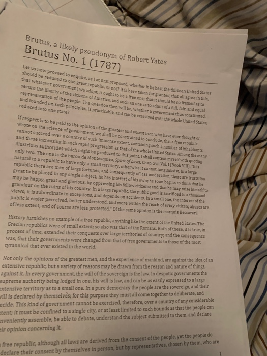 Brutus, a likely pseudonym of Robert Yates Brutus No. | Chegg.com