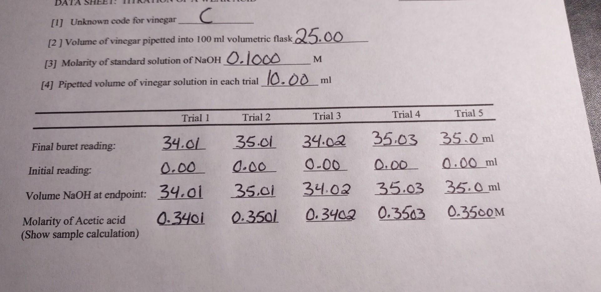 Solved I need the average molarity of acetic acid standard | Chegg.com