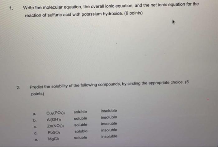 Solved 1. Write the molecular equation, the overall ionic | Chegg.com