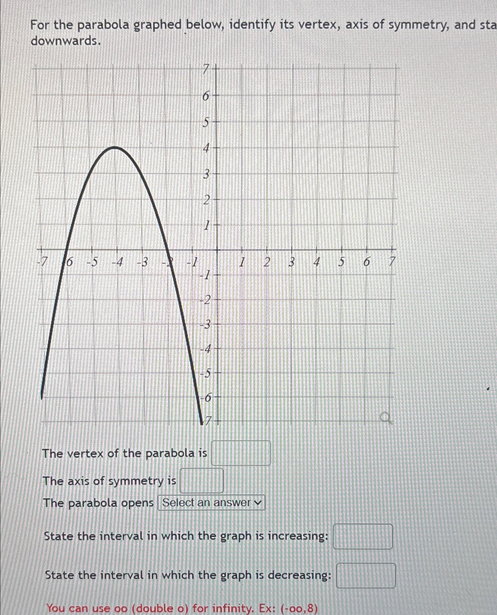Solved For the parabola graphed below, identify its vertex, | Chegg.com