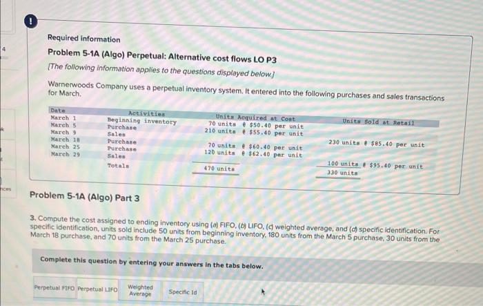 Solved Required information Problem 5-1A (Algo) Perpetual: | Chegg.com