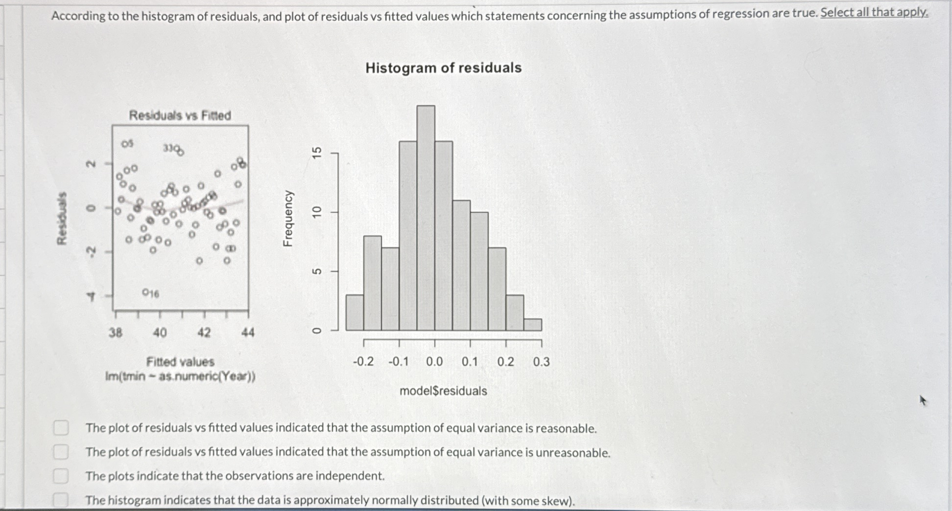 Solved According to the histogram of residuals, and plot of | Chegg.com