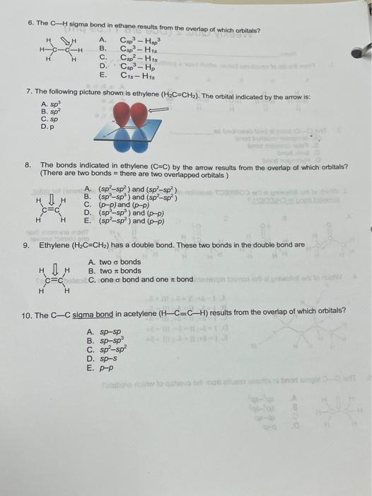 Solved 6. The C-H sigma bond in ethane results from the | Chegg.com