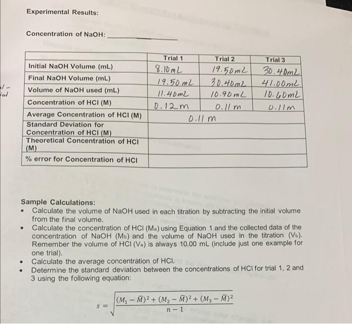 Solved Concentration of NaOH : Sample Calculations: - | Chegg.com