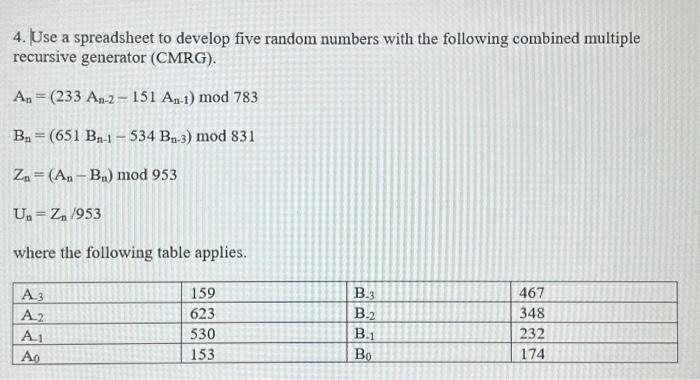 Solved 4. Use a spreadsheet to develop five random numbers | Chegg.com