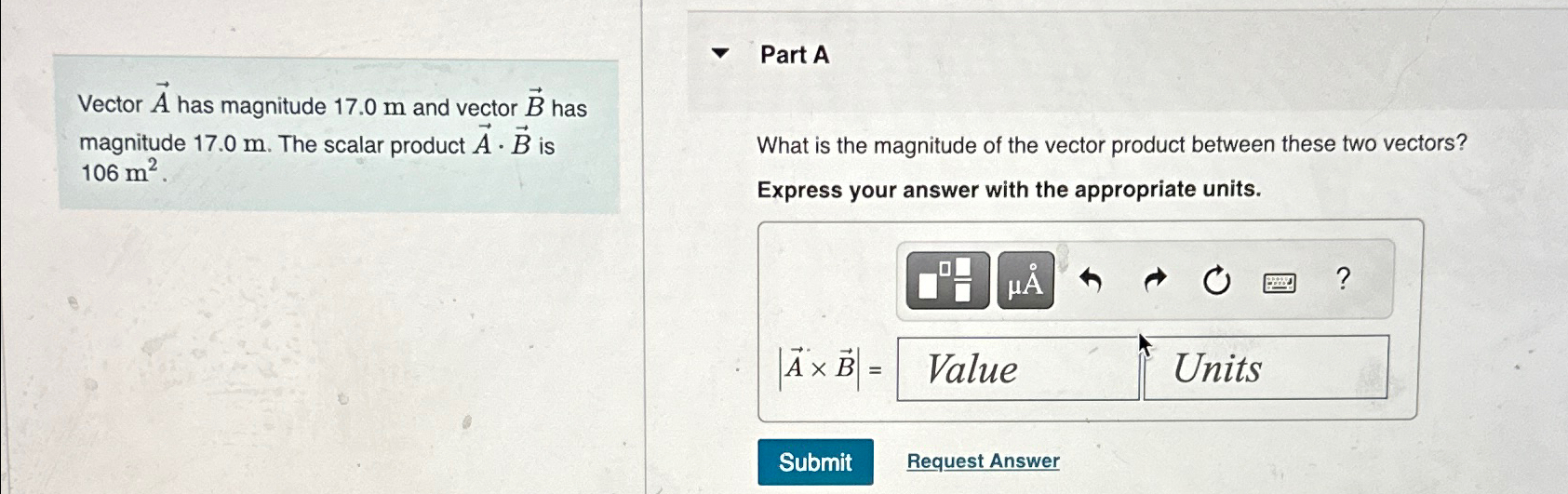 Solved Vector vec(A) ﻿has magnitude 17.0m ﻿and vector vec(B) | Chegg.com