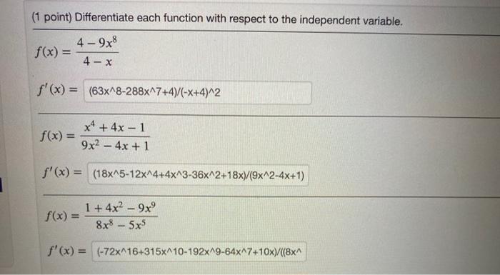 Solved (1 point) Differentiate each function with respect to | Chegg.com