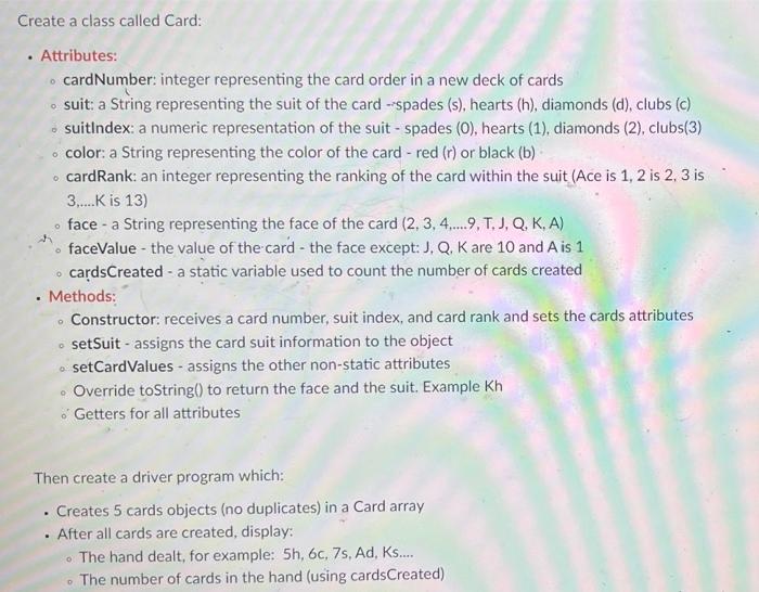 Solved - Attributes: cardNumber: integer representing the | Chegg.com
