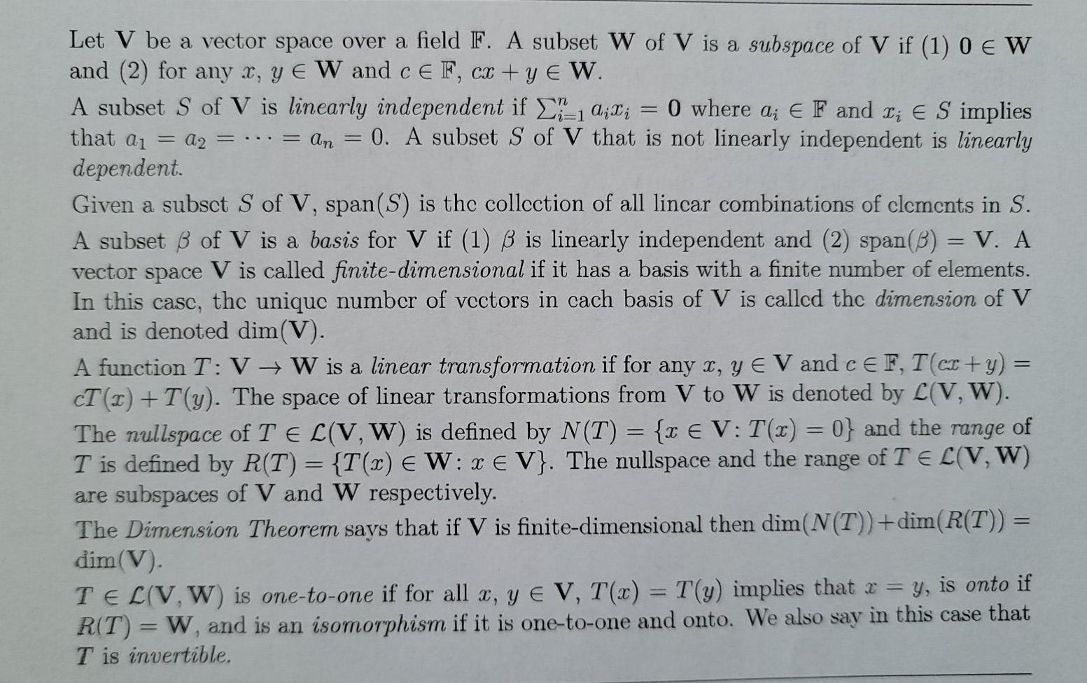 Solved Let V be a vector space over a field F. A subset W of | Chegg.com