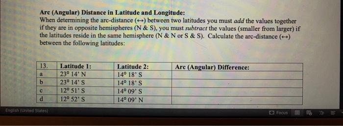Solved Arc (Angular) Distance in Latitude and Longitude: | Chegg.com