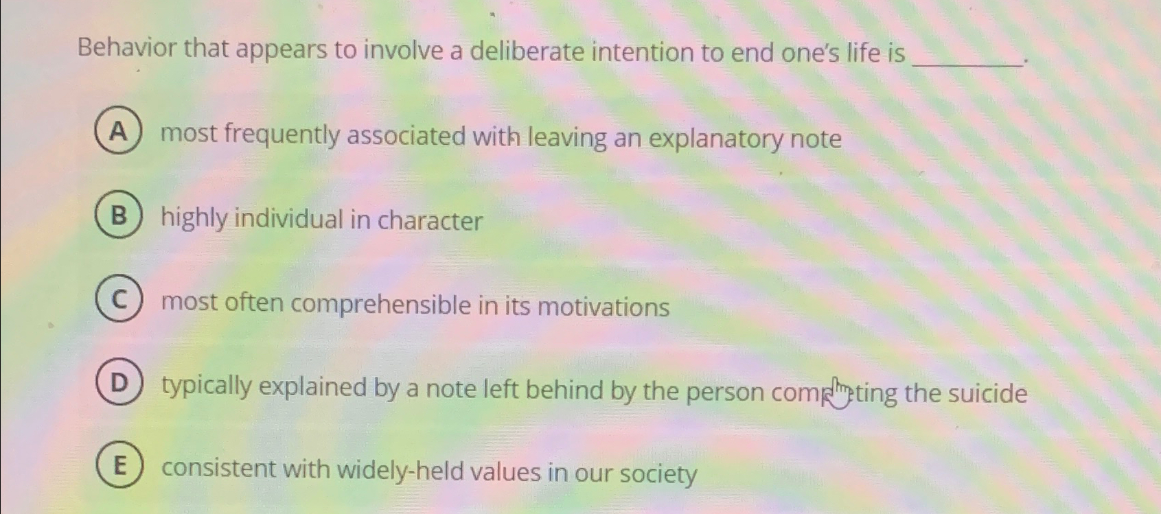Solved Behavior that appears to involve a deliberate | Chegg.com