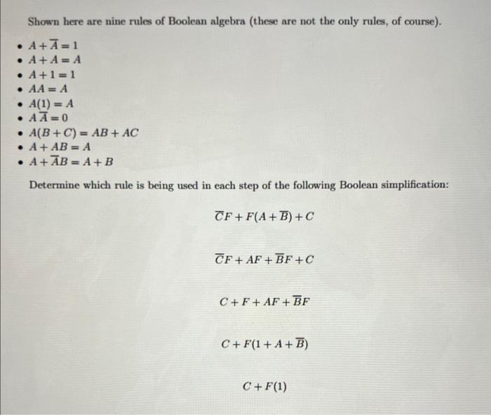Solved Shown here are nine rules of Boolean algebra (these | Chegg.com