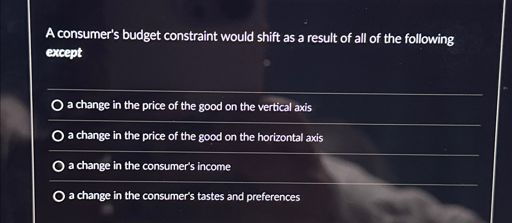 Solved A consumer's budget constraint would shift as a | Chegg.com