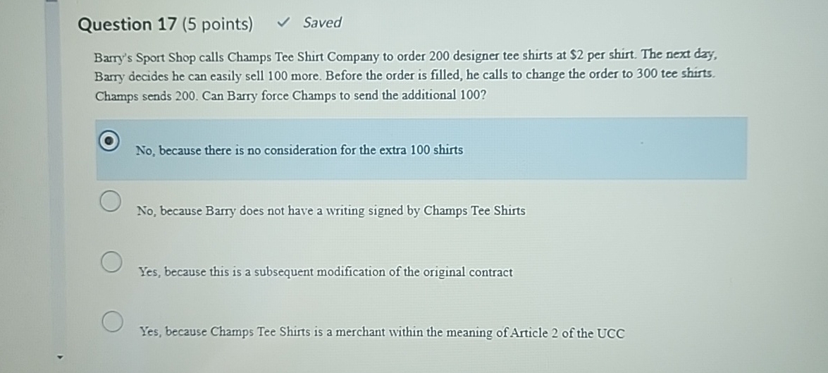 Solved Question 17 (5 ﻿points) ﻿V SavedBarr's Sport Shop | Chegg.com