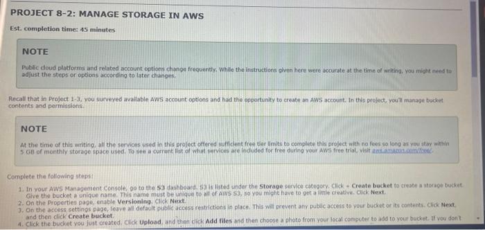PROJECT 8-2: MANAGE STORAGE IN AWS Est. completion | Chegg.com
