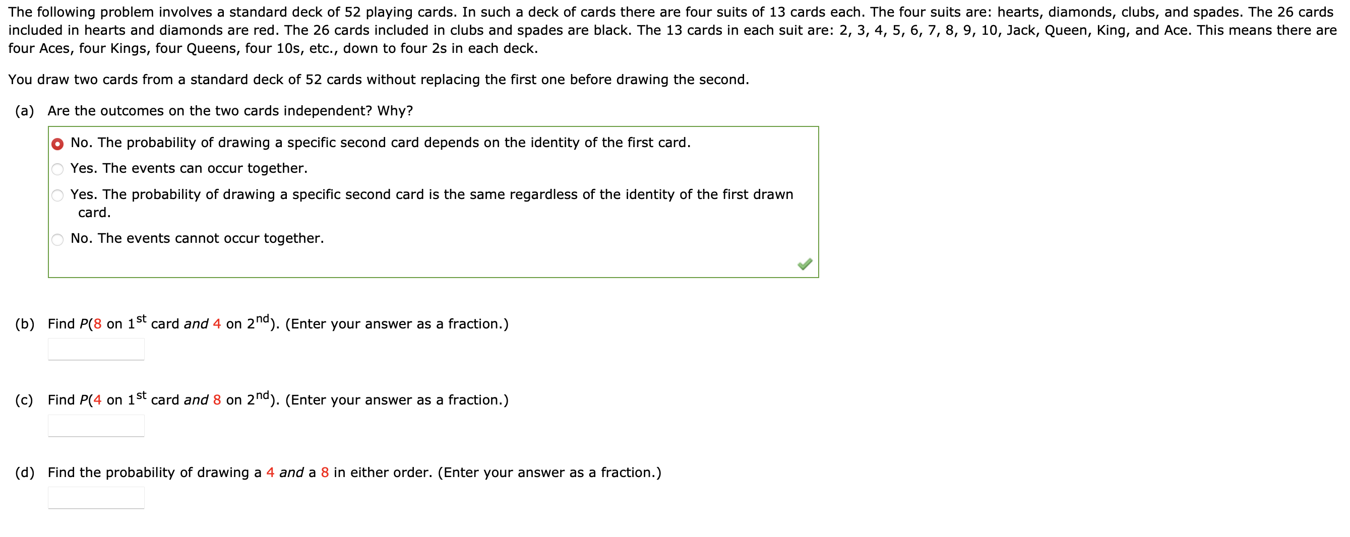 Solved The following problem involves a standard deck of 52 | Chegg.com