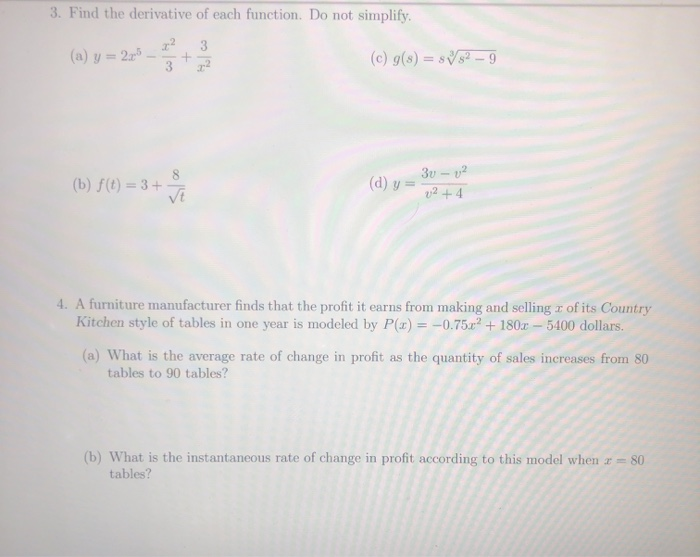 Solved 3. Find the derivative of each function. Do not | Chegg.com