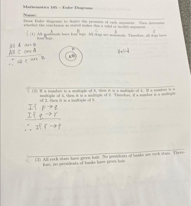 Solved Mathematics 105 - Euler Diagrams Name: Draw Euler | Chegg.com