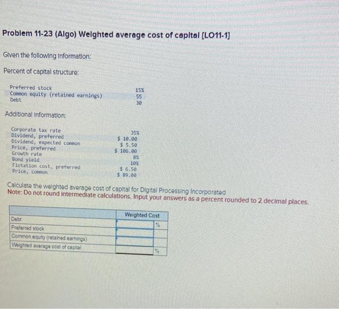 Solved Problem 11-23 (Algo) Weighted average cost of capital | Chegg.com